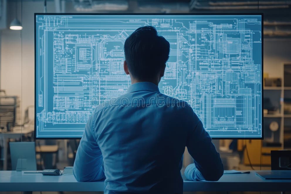 A Person Analyzing Technical Blueprints on a Large Screen in a Modern ...