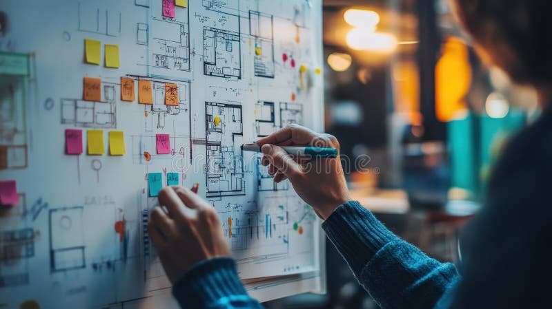 A Person Annotating Architectural Plans with Sticky Notes and a Pen in ...