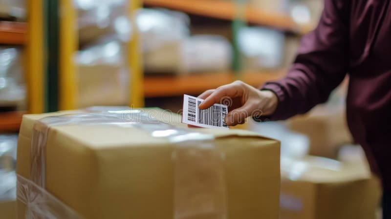 Person Applying Barcode Label To Shipping Box in Warehouse for ...