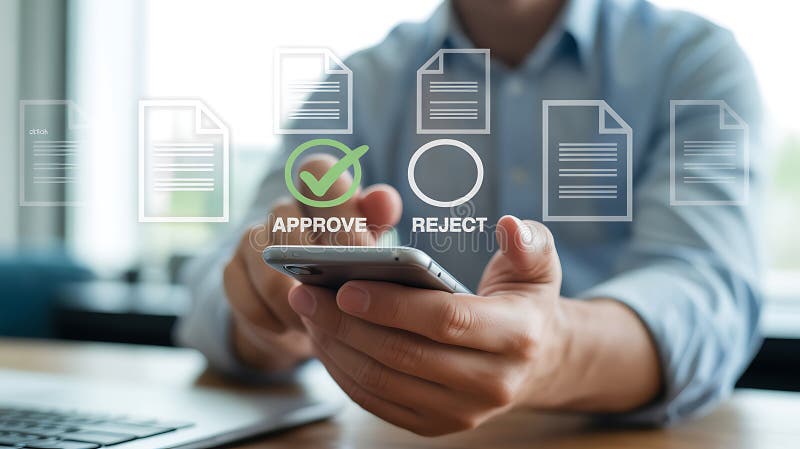 Person Approving Document on Smartphone Screen Approval Technology ...