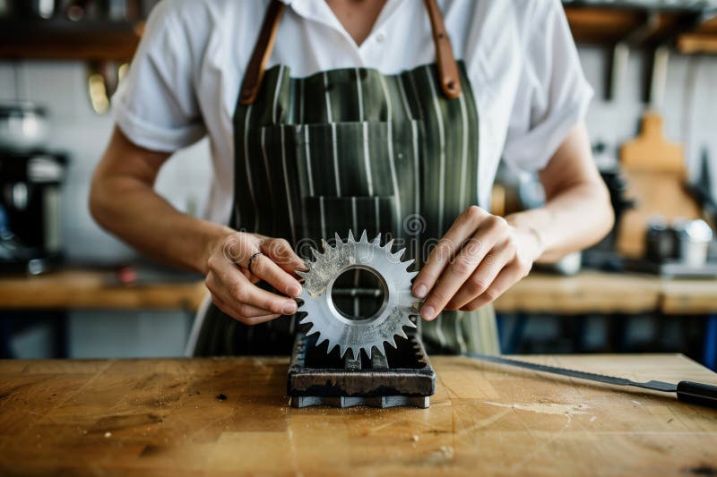 Person in Apron Examining a Freshly Cut Gear Stock Image - Image of ...