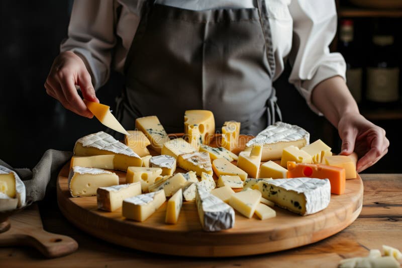 Person in Apron Presenting Gourmet Cheese Platter To a Camera Stock ...