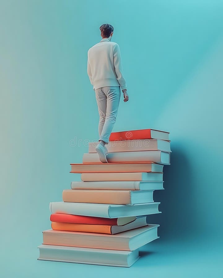 A Person Ascending a Staircase Made of Stacked Books, Symbolizing ...
