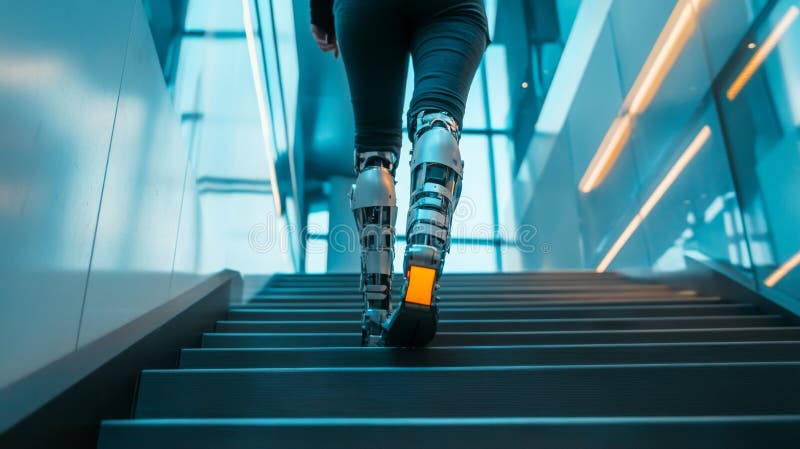 Person with Advanced Robotic Legs Walking Up Staircase in a Modern ...
