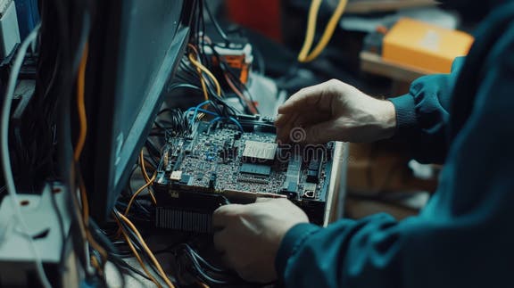 A Person Assembling a Computer Motherboard Amidst Tangled Wires and ...