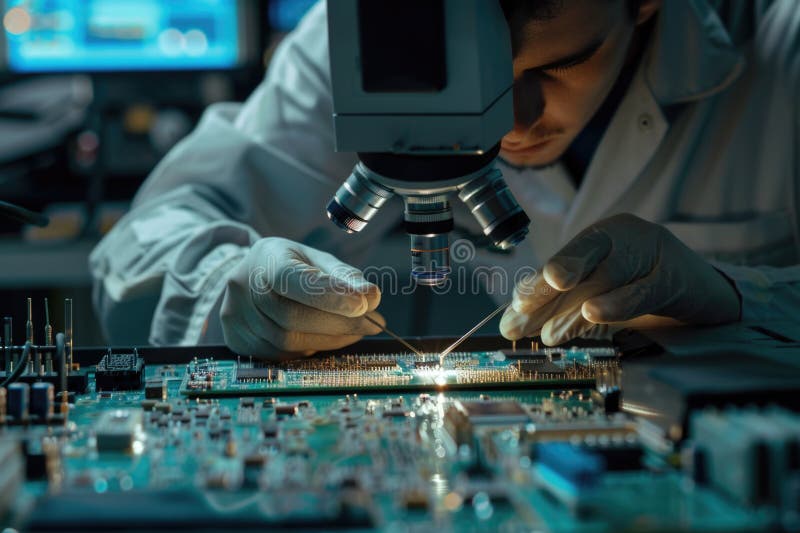 A Person Assembling Electronic Components with a Microscope Stock Photo ...