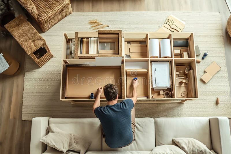 A Person Assembling Flat Pack Furniture With Instructions Stock