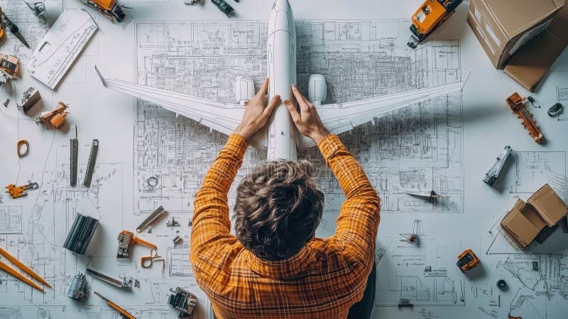 A Person Assembling a Model Airplane Surrounded by Tools and Blueprints ...