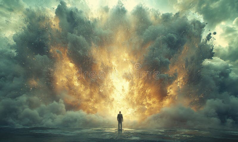 Person in Awe of a Huge Explosion with Dramatic Cloud Backdrop Stock ...