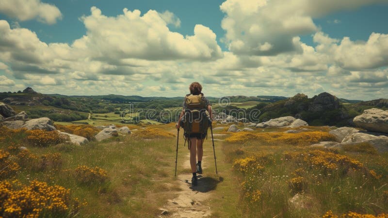 A Person with Back Pack Hiking through a Field of Wildflowers, AI Stock ...