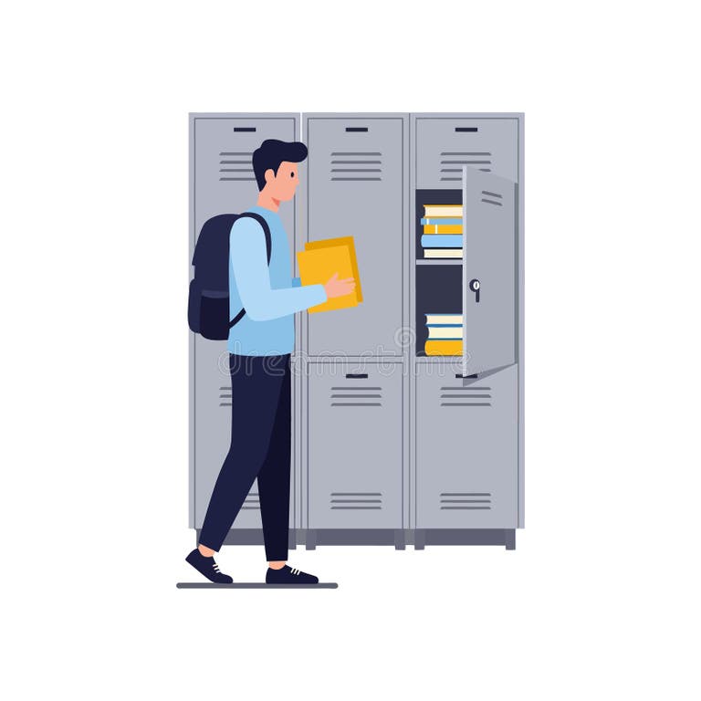 Person with Backpack Opening Locker in Flat Vector Art Stock Vector ...