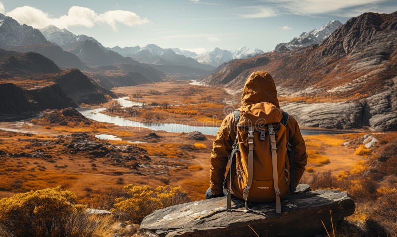Person with Backpack Sitting on Rock Stock Photo - Image of nature ...