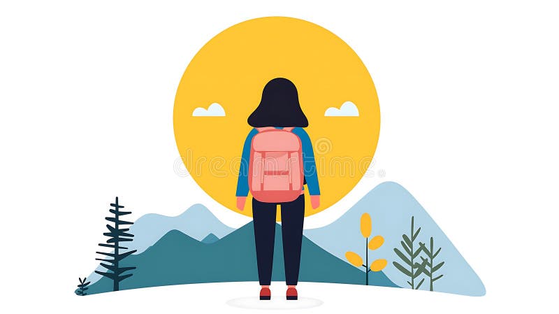 Person with Backpack Standing in Front of Large Sun and Mountains ...