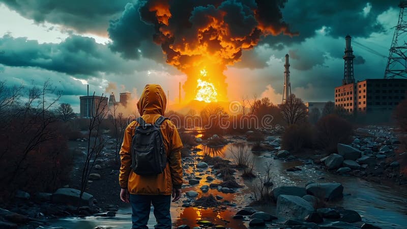 A Person with a Backpack Standing in Front of a Nuclear Explosion Stock ...