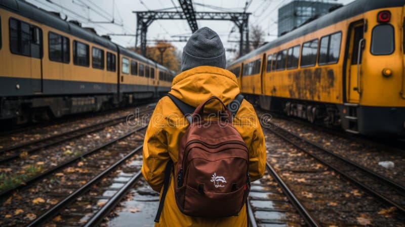 A Person with a Backpack Standing in Front of a Train Stock ...