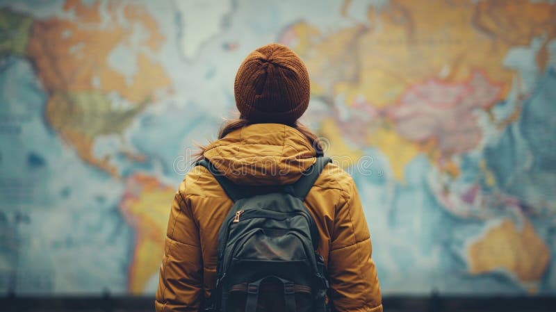 A Person with a Backpack Standing in Front of the World Map, AI Stock ...