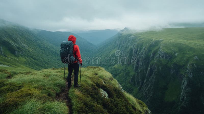 A Person with a Backpack Standing on Top of the Mountain, AI Stock ...