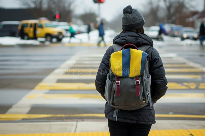 Person with Backpack Waiting at a School Crosswalk Stock Photo - Image ...