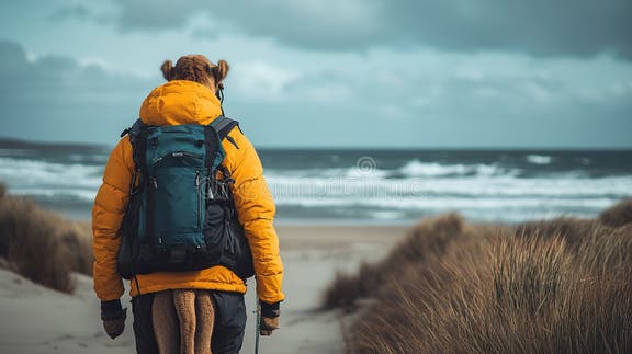Person with Backpack Walks on a Sandy Beach Stock Illustration ...