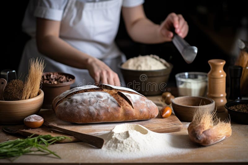 Person Baking Rustic Loaf of Bread, with Ingredients and Tools Visible ...