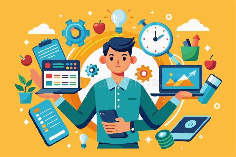 A Person Balances Multiple Tasks Using a Laptop, Smartphone, and Other ...