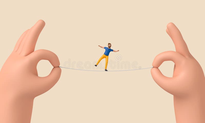 Person Balancing on a Tightrope Held between Two Hands. 3D Rendering ...