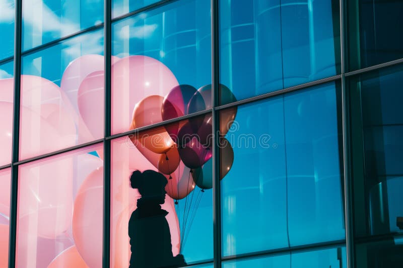 Person with Balloons Casting a Distorted Reflection on Building Glass ... Person with Balloons Casting a Distorted Reflection on Building Glass ...