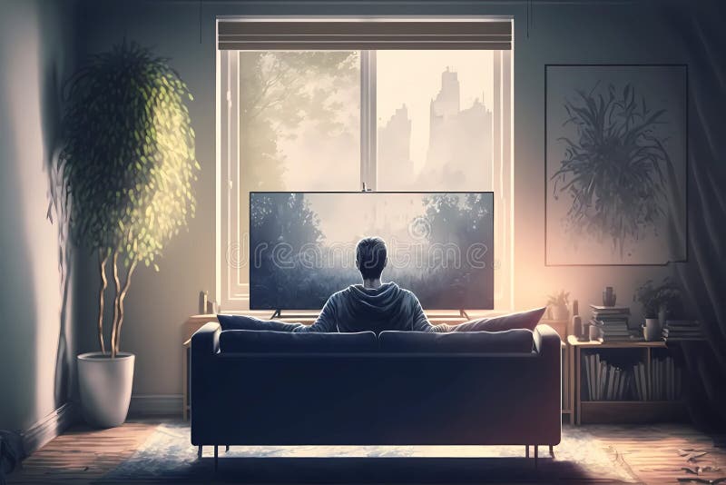 Person from Behind Sitting on Couch Watching Tv. Generative Ai Design ...