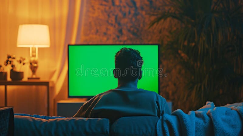 Person from Behind Watching a Large Screen TV with a Green Screen. AI ...