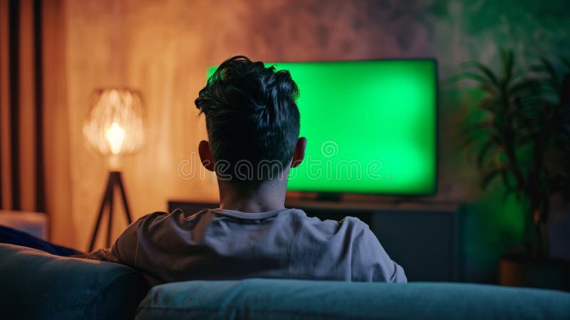 Person from Behind Watching a Large Screen TV with a Green Screen. AI ...
