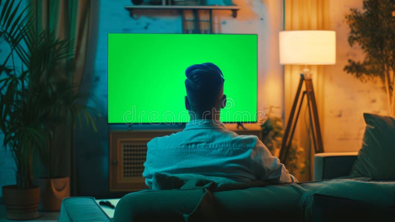 Person from Behind Watching a Large Screen TV with a Green Screen. AI ...