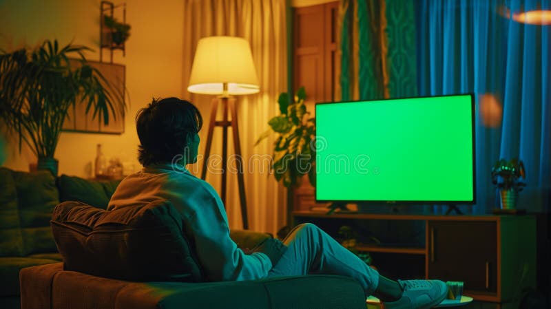 Person from Behind Watching a Large Screen TV with a Green Screen. AI ...