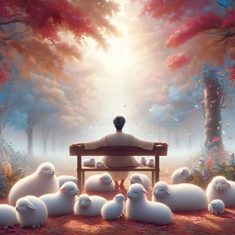 A Person on a Bench Surrounded by Whimsical Creatures in a Magical ...