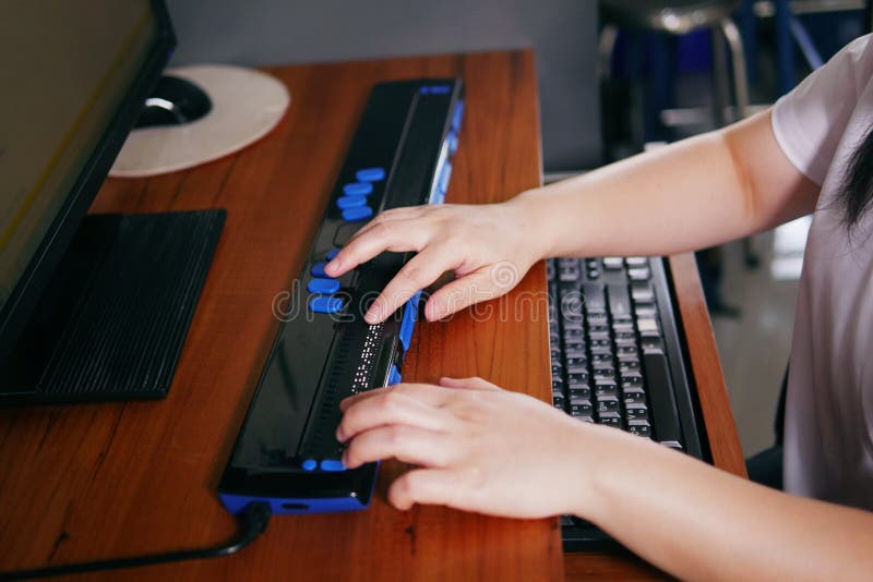 Person with Blindness Disability`s Hands Using Computer with Braille ...