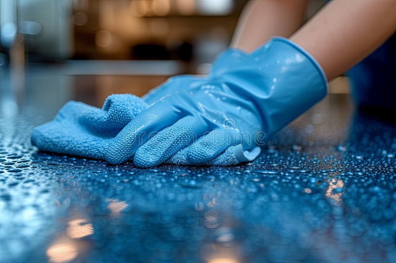 Person in Blue Gloves is Cleaning a Table with Cloth. Concept of ...
