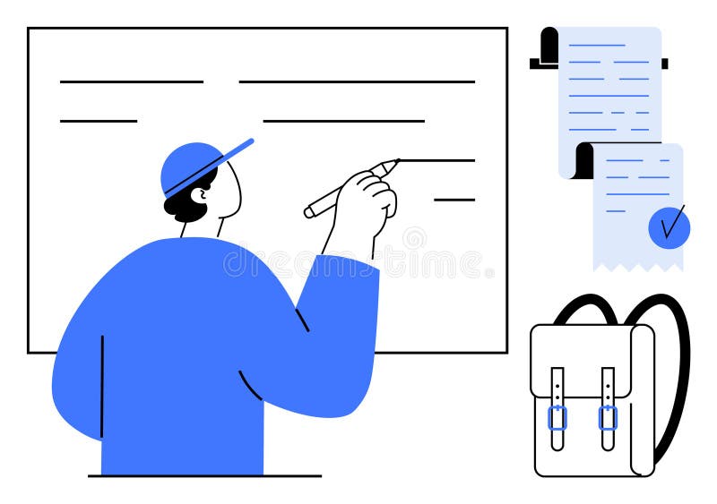 Person in Blue Jacket Writing on Whiteboard with Documents and Backpack ...