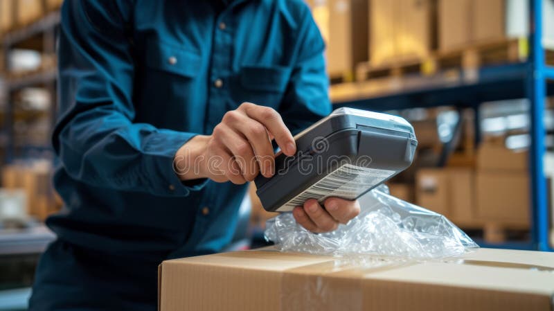 A Person in a Blue Work Shirt is Using a Handheld Barcode Scanner on a ...