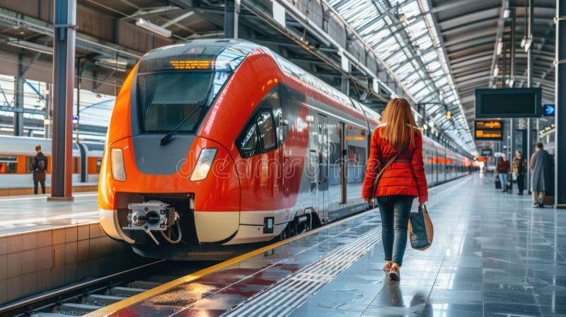 A Person Boarding a Modern Train at a Sleek Stock Illustration ...