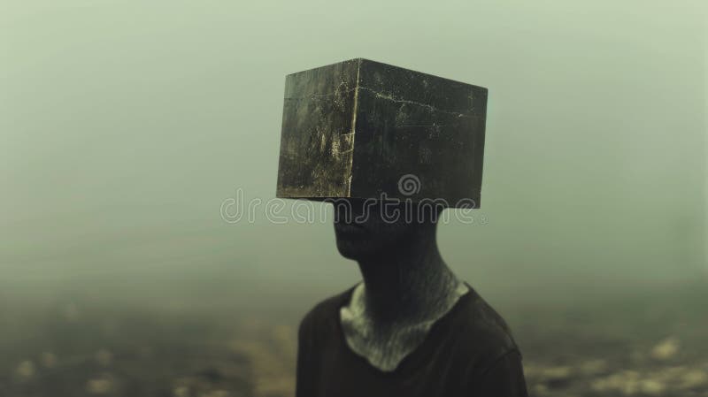 A Person with a Box on Their Head in the Fog, AI Stock Photo - Image of ...