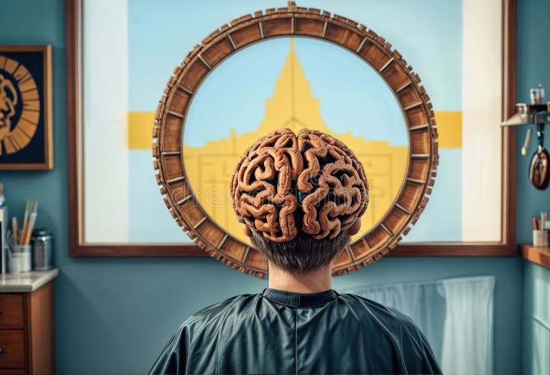 Person with Brain Hair Looking at Artistic Circular Mirror Stock ...