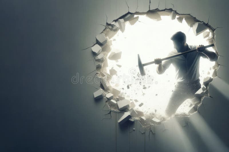 A Person Breaks through a Wall with a Pickaxe, Overcoming an Obstacle ...