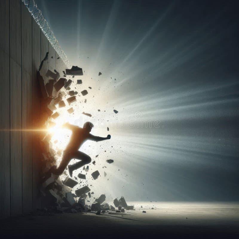 A Person Breaks through the Wall in the Rays of Light. Stock Photo ...