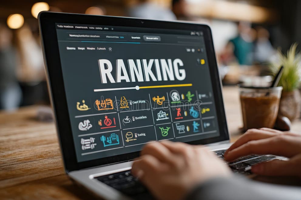 Person Browsing a Ranking Platform on a Laptop in a Modern Workspace ...
