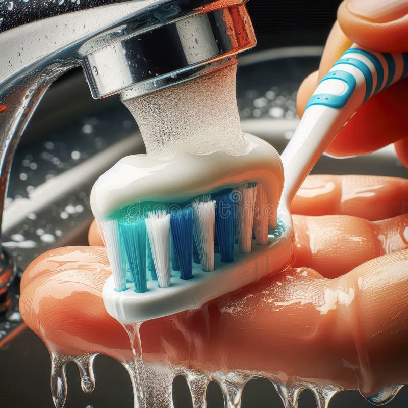 Person Brushing Teeth with Toothbrush Under Running Water at a Sink in ...