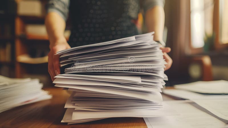 A Person is Burdened with an Overwhelming Stack of Papers, Depicting ...