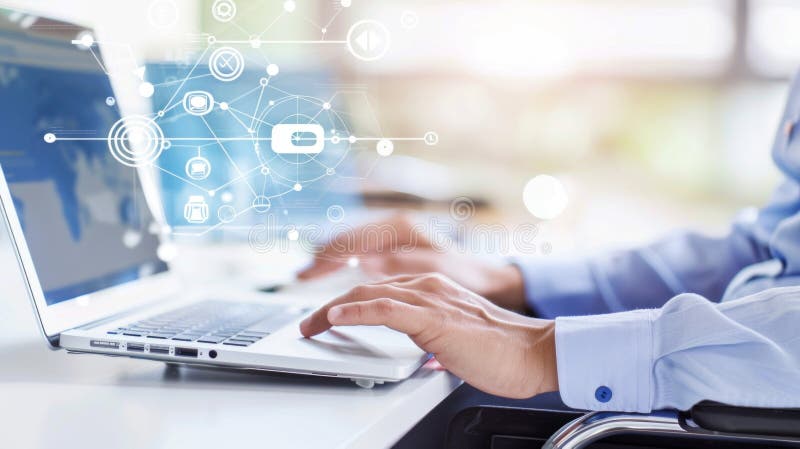 Person in Business Attire Using Laptop with Digital Interface Overlay ...