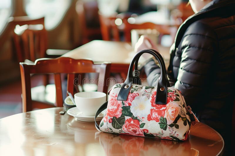 Person at Cafe, Floral Handbag on Table Stock Image - Image of dining ...