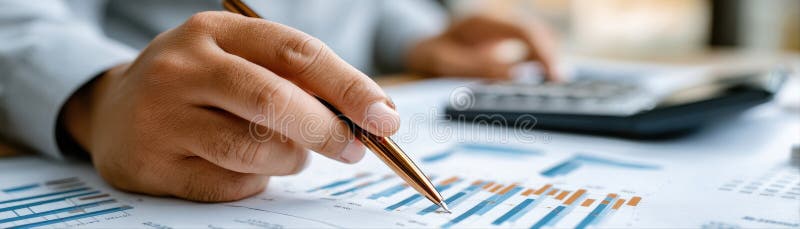 A Person Calculates Data Using a Calculator and Points at the Graph Pen ...