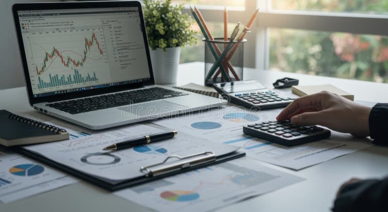 Person Calculating Figures at a Desk with Financial Documents and ...