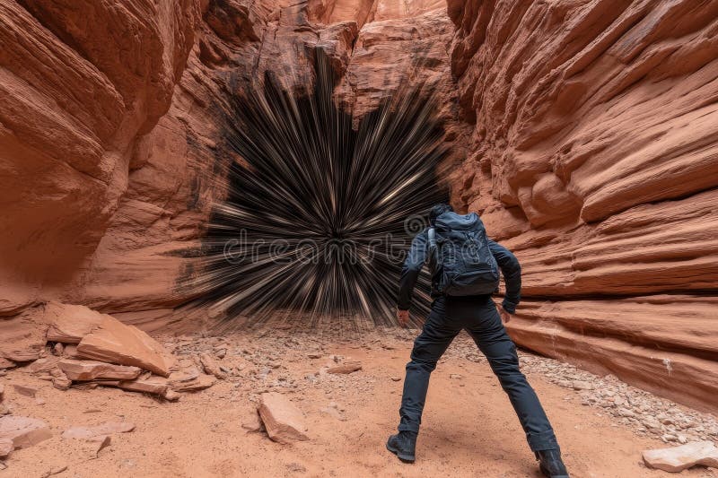 Person in Canyon Facing a Time Lapse Effect of Transformation and ...